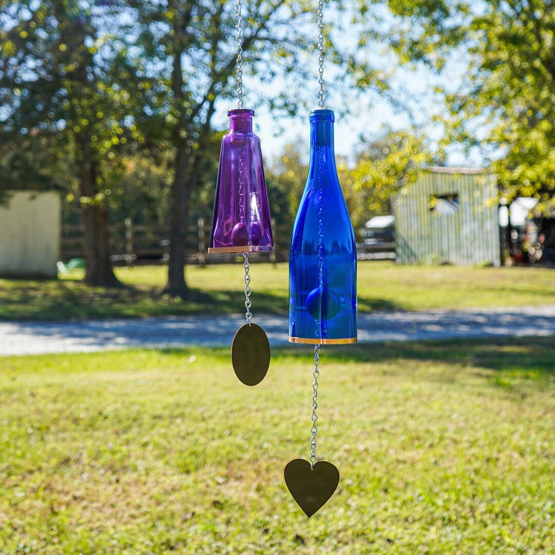 Purple Glass Pyramid and Cobalt Blue Wine Bottle Wind Chime, Gift for ...