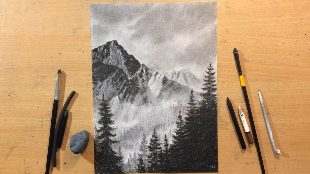 Trees in the Mist Charcoal Drawing Landscape Art Original Artwork - Etsy