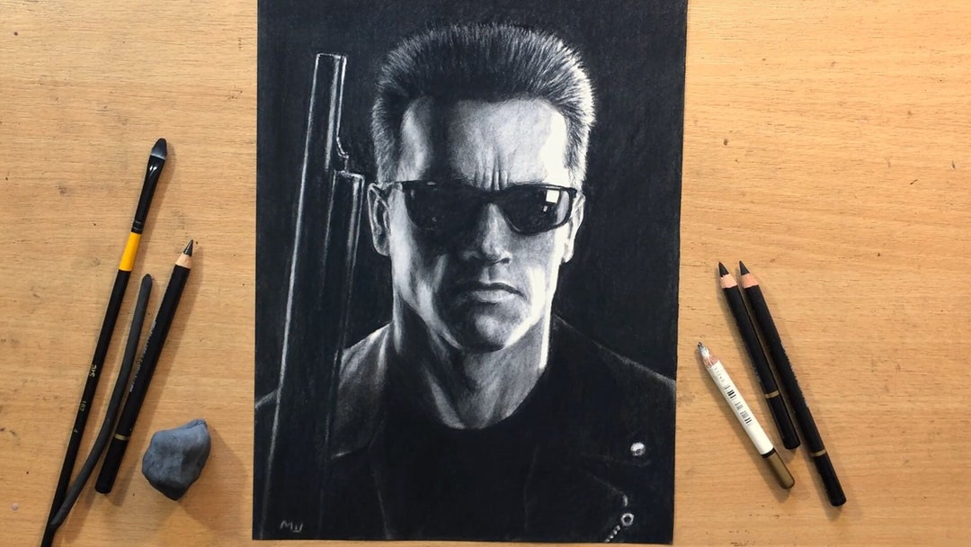 Arnold Schwarzenegger as Terminator Original Artwork Charcoal Portrait ...