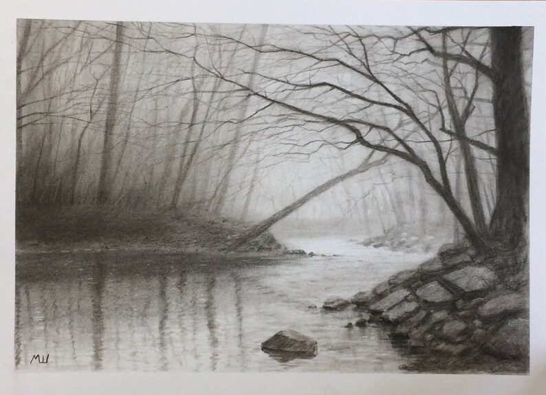 Bare Tree Branches Over the River Charcoal Drawing Original Artwork ...