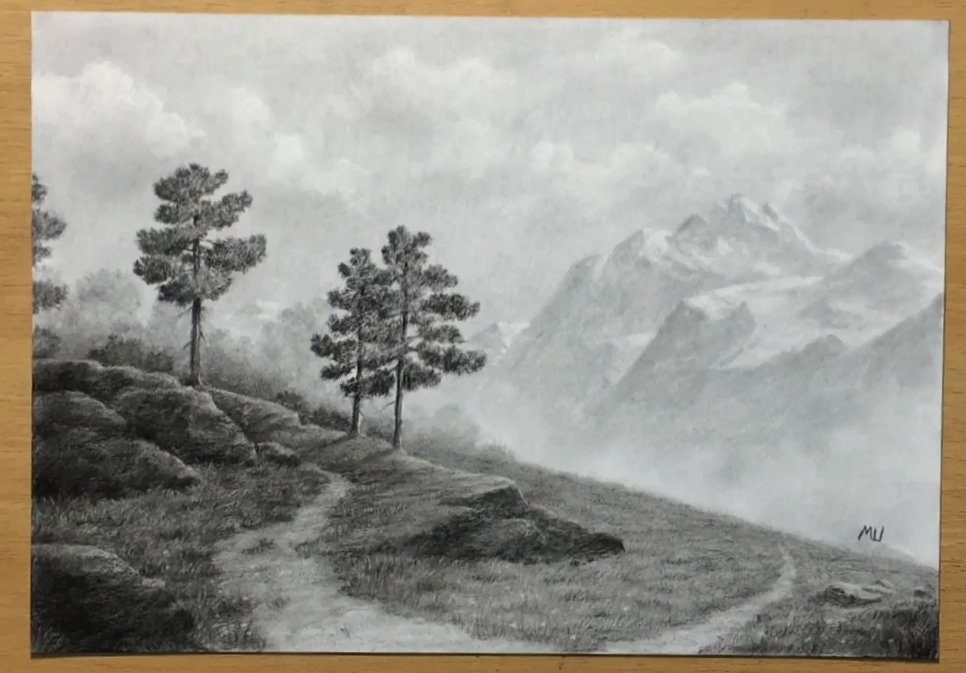 Distant Mountains Charcoal Drawing Original Artwork Landscape Art - Etsy