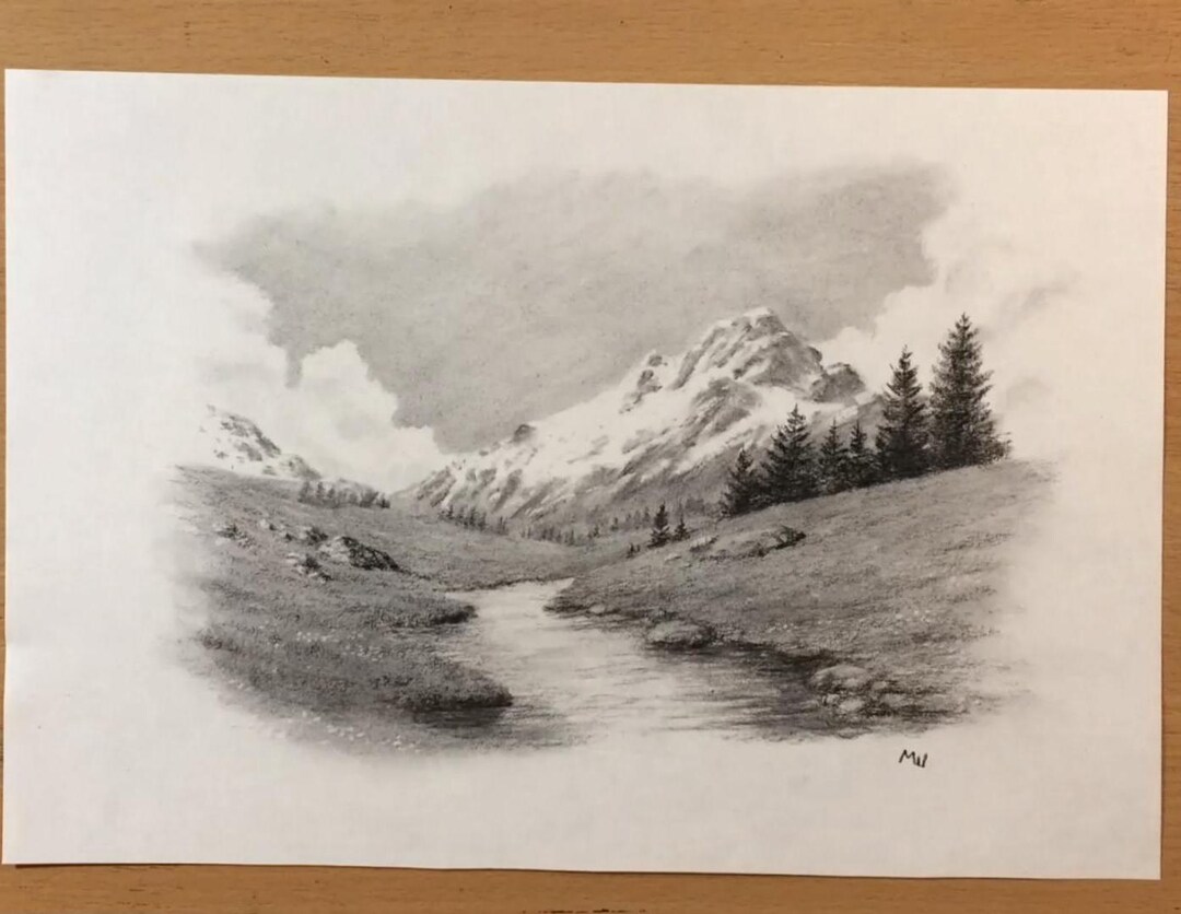 Mountain Stream Charcoal Drawing Original Artwork Landscape Art - Etsy