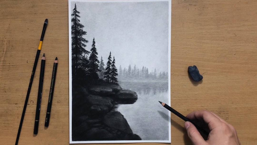 Morning on a Lake Charcoal Landscape Drawing Original Artwork - Etsy