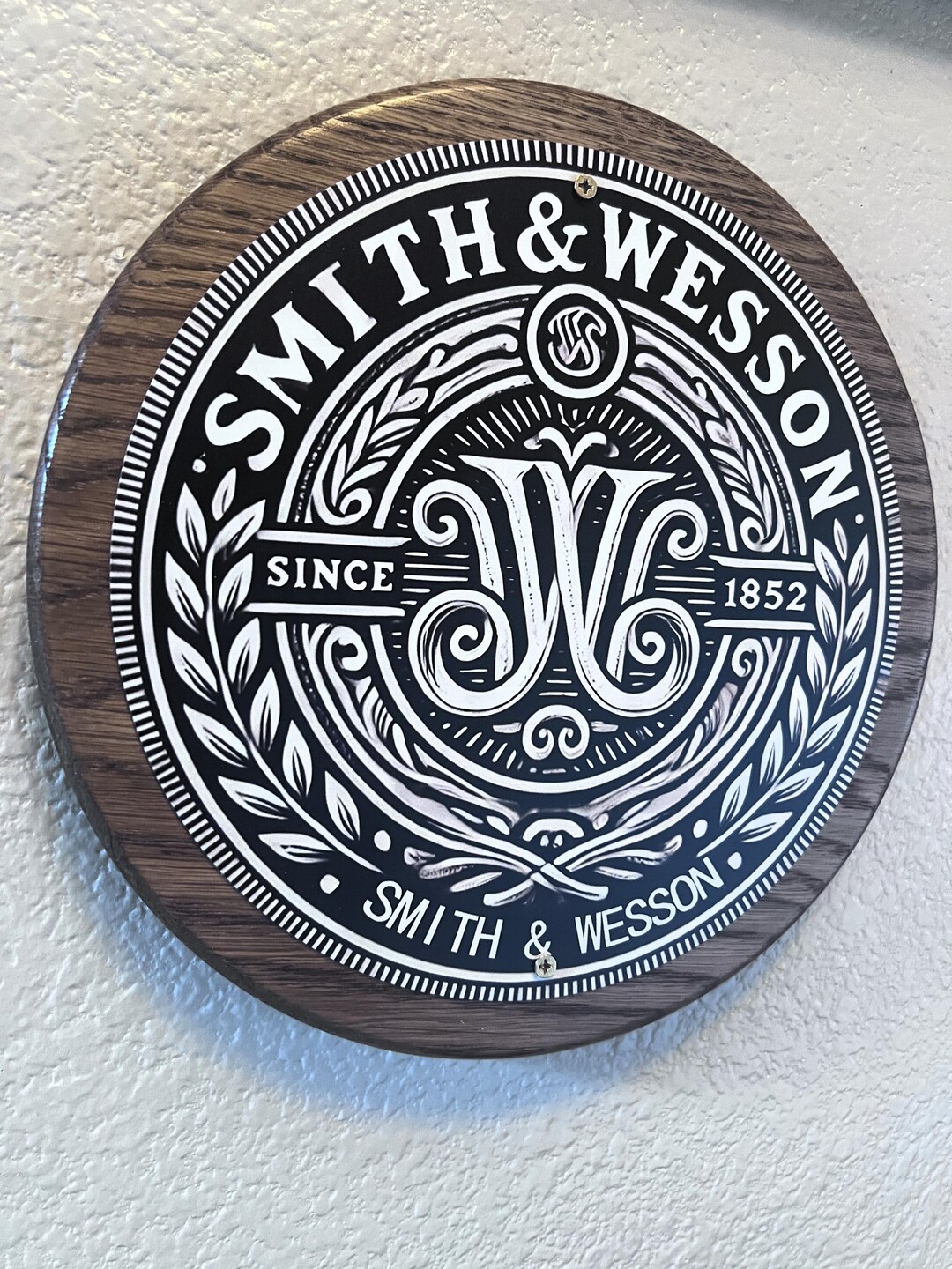 Smith & Wesson Metal Sign Mounted on Round Solid Oak Plaque - Etsy