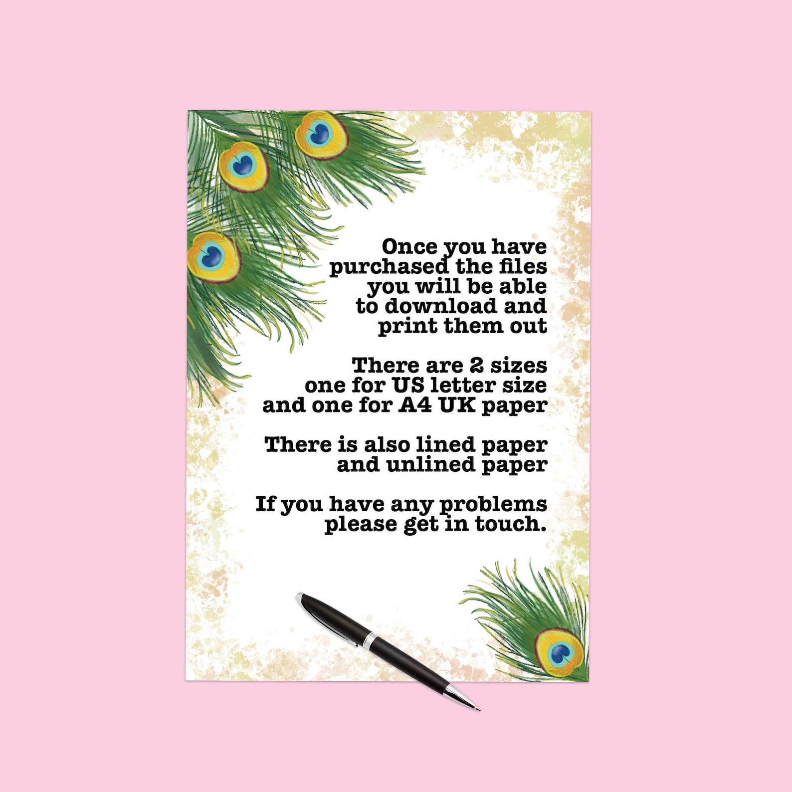 Peacock Feather Printable Stationery, A4 Paper Size and 8.5x11 Inches ...