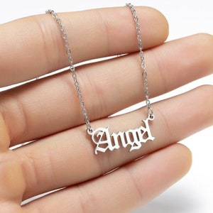 Angel Necklace Gothic Script Font Stainless Steel Jewellery Womens ...