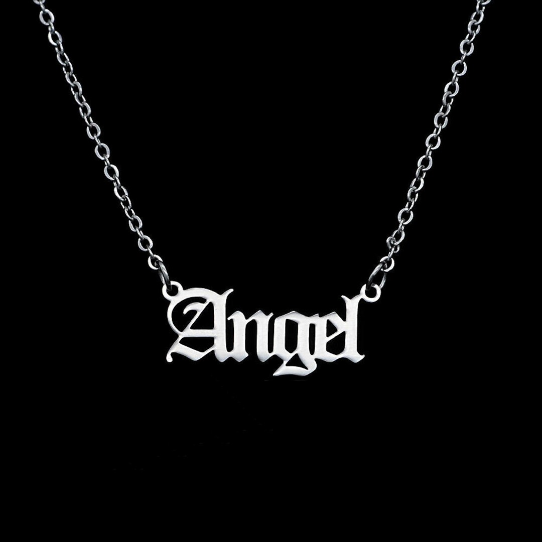 Angel Necklace Gothic Script Font Stainless Steel Jewellery Womens ...