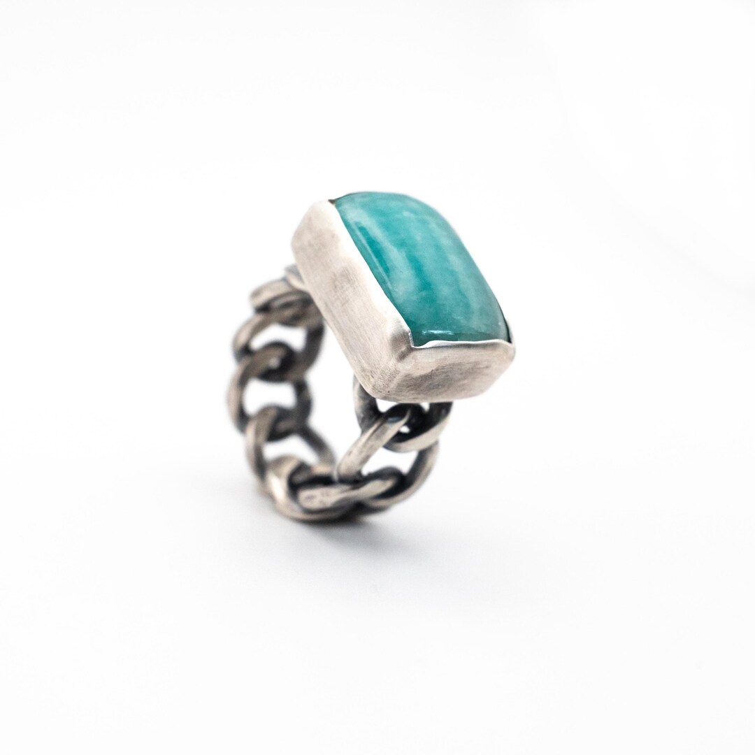 Chain Ring, Sterling Silver Curb Chain Ring With Amazonite, Silver Cuba ...