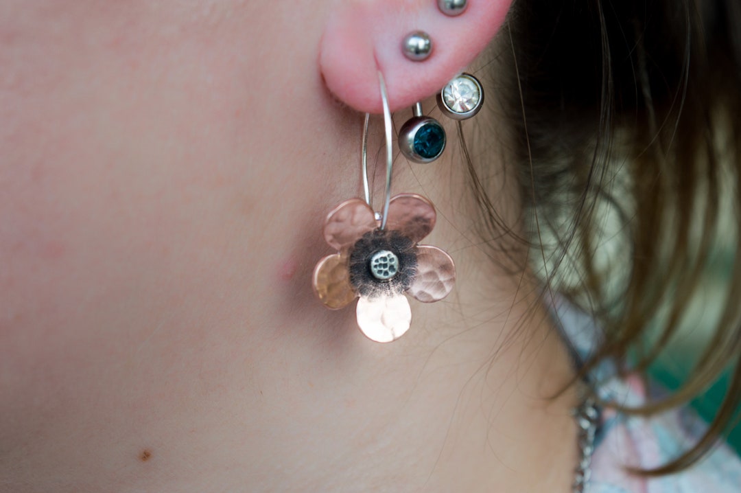 Flower Earrings Copper Earrings Mixed Metal Earrings - Etsy