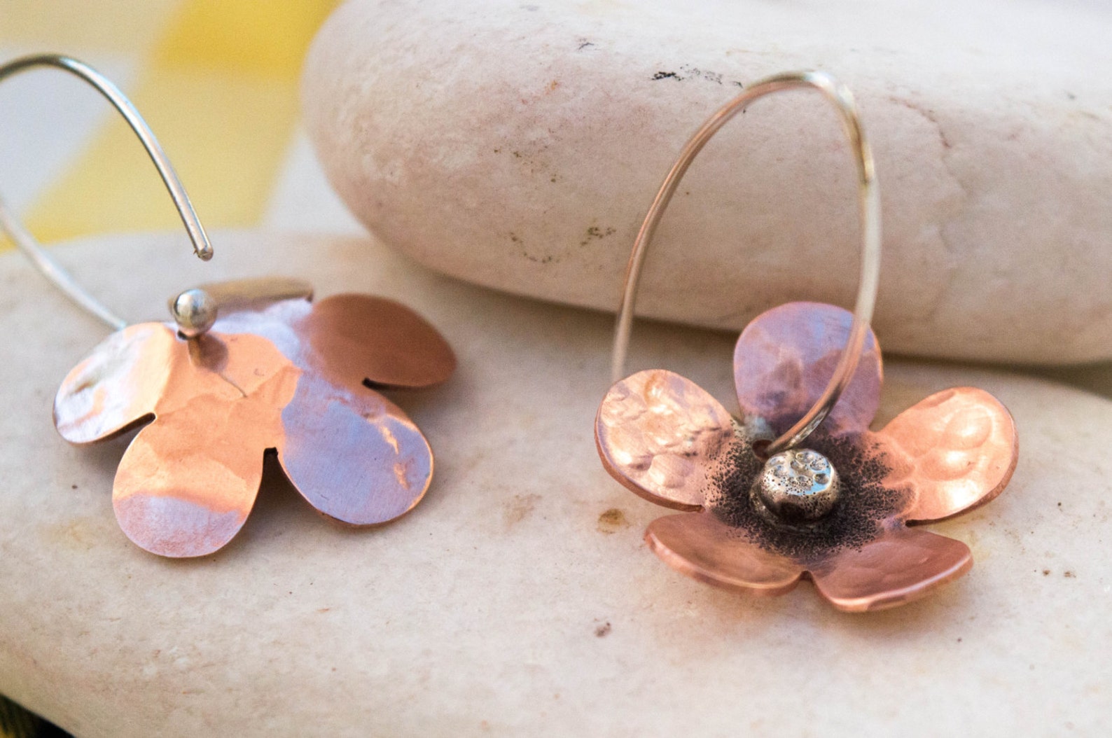 Flower Earrings Copper Earrings Mixed Metal Earrings - Etsy