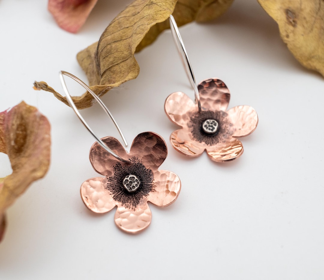 Flower Earrings - Copper Earrings - Mixed Metal Earrings - Handmade ...