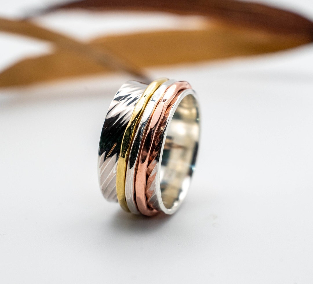 Mixed Metal Ring, Hammered Ring, Designer Spinner Ring, Sterling Silver ...