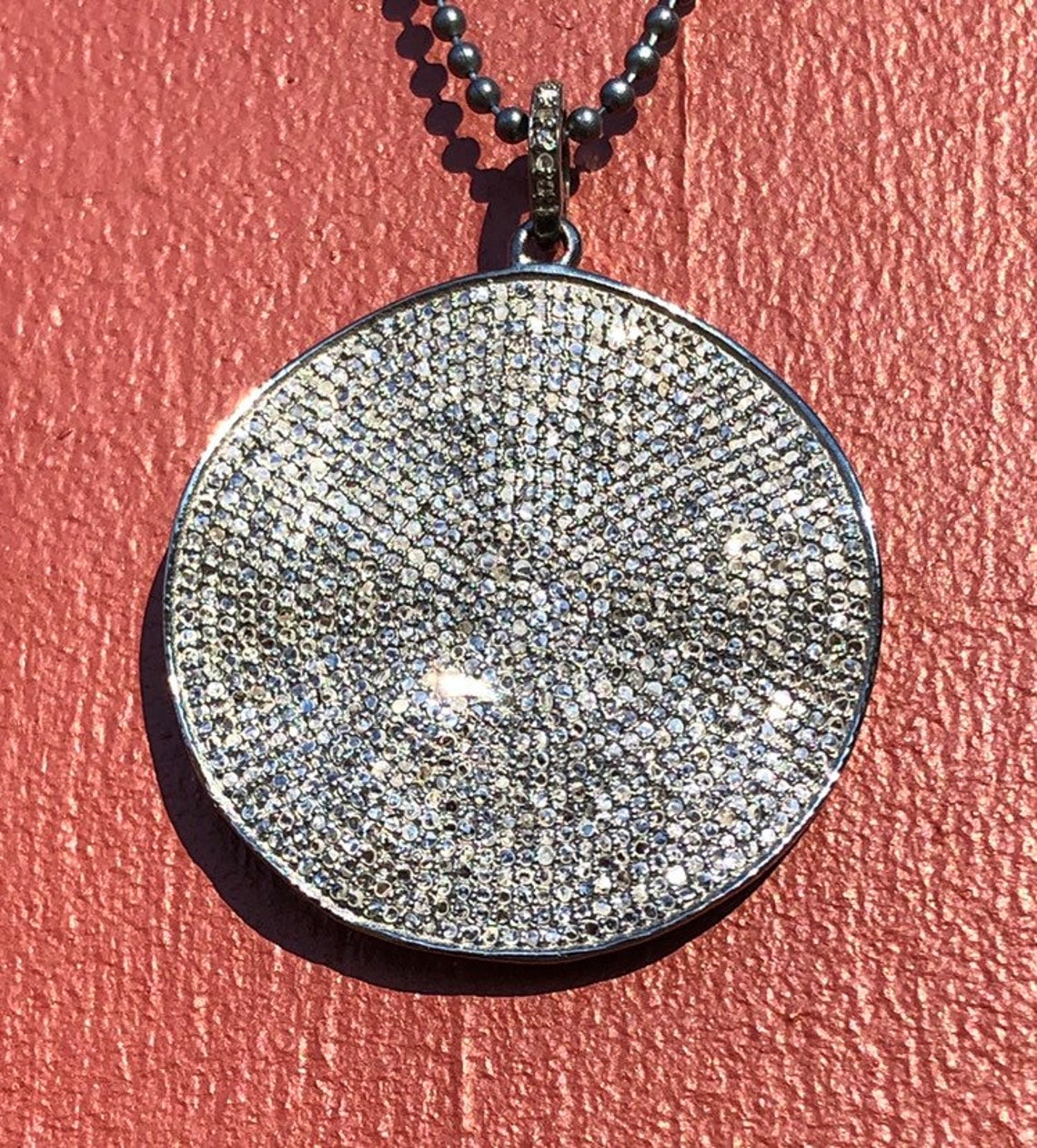 Pavé Set Natural Diamond Necklace With Large Round Rippled - Etsy