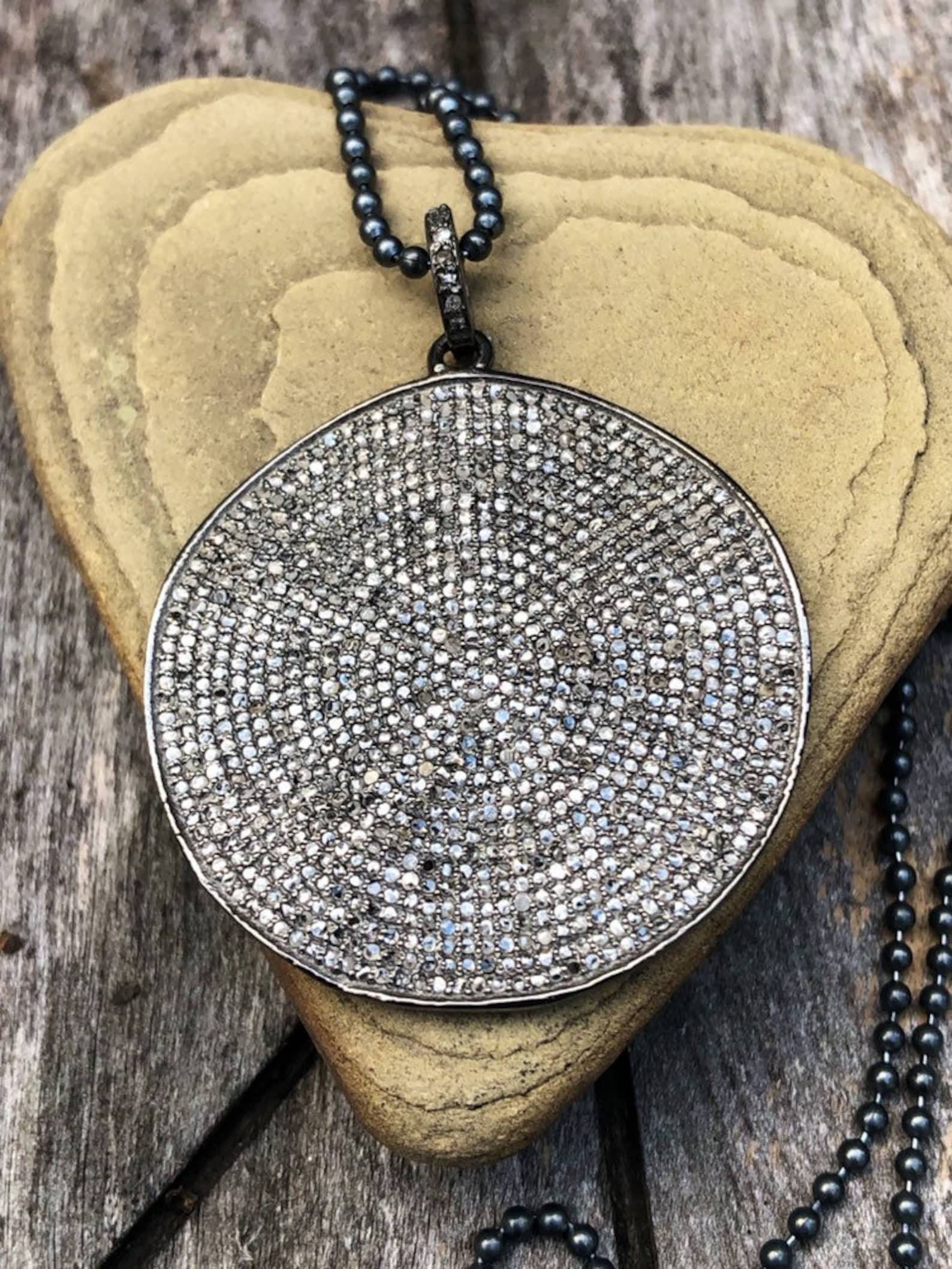 Pavé Set Natural Diamond Necklace With Large Round Rippled - Etsy