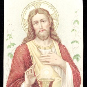 1906 Antique Jesus Holy Card Red Sparkly Textured Robe Eucharist ...