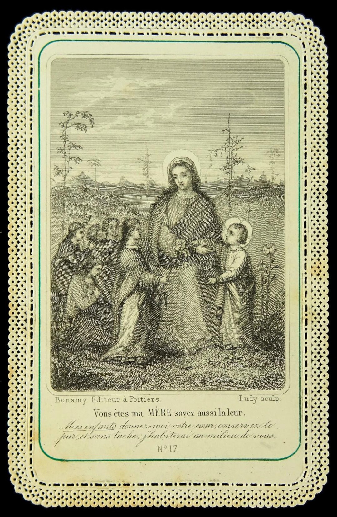 Children Giving Hearts to Mary Jesus Lilies Antique Lace Holy Card ...