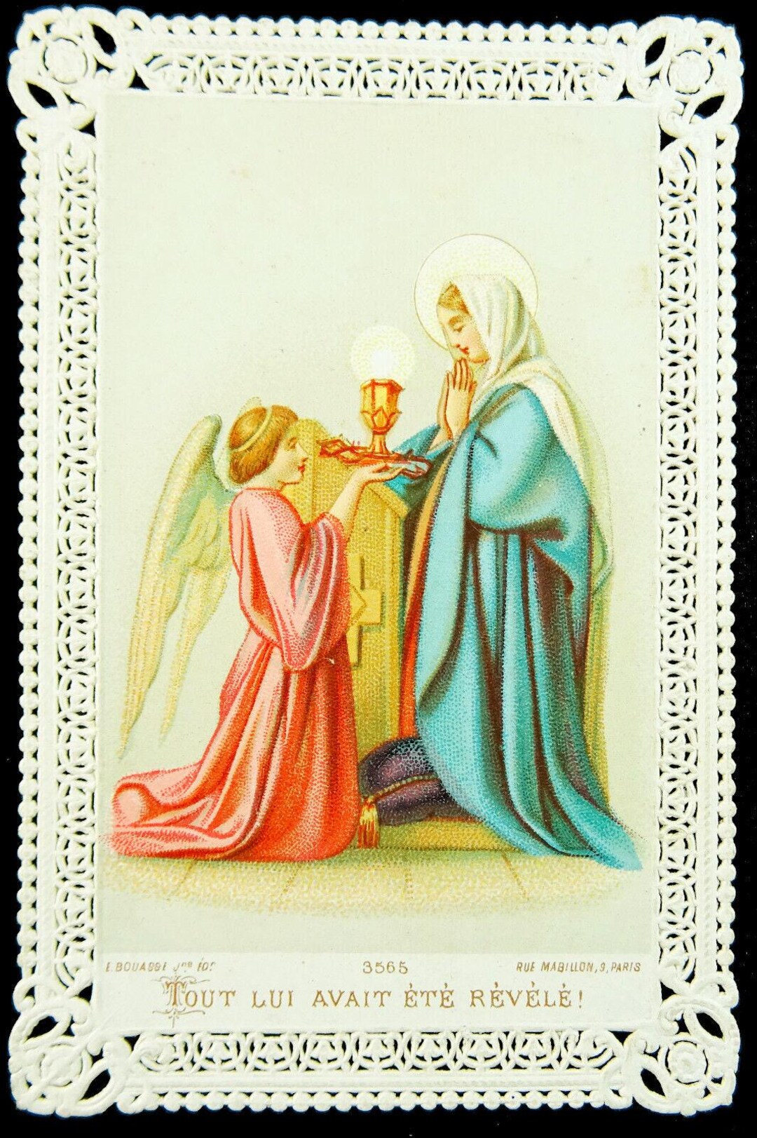 Virgin Mary W Angel and Chalice Lace Border Antique Holy Card French ...