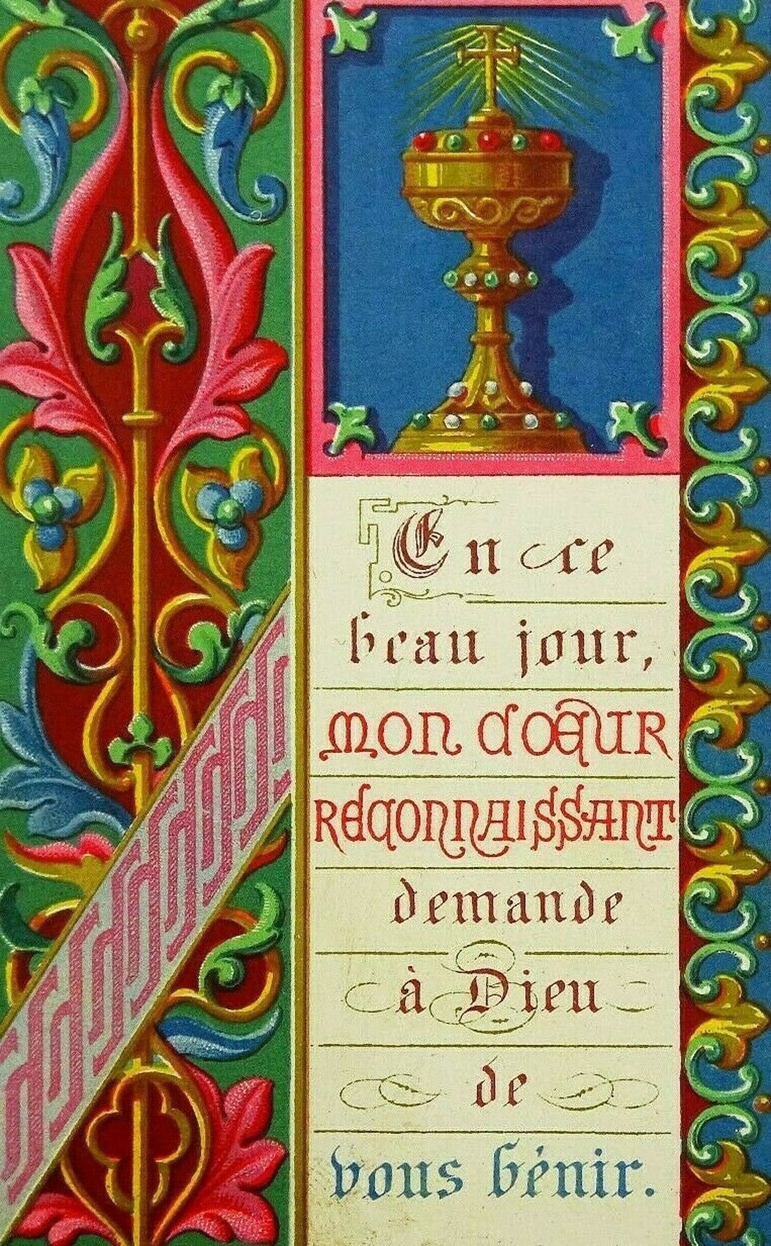1882 Antique French Holy Prayer Card Communion Jeweled Chalice Bouasse ...