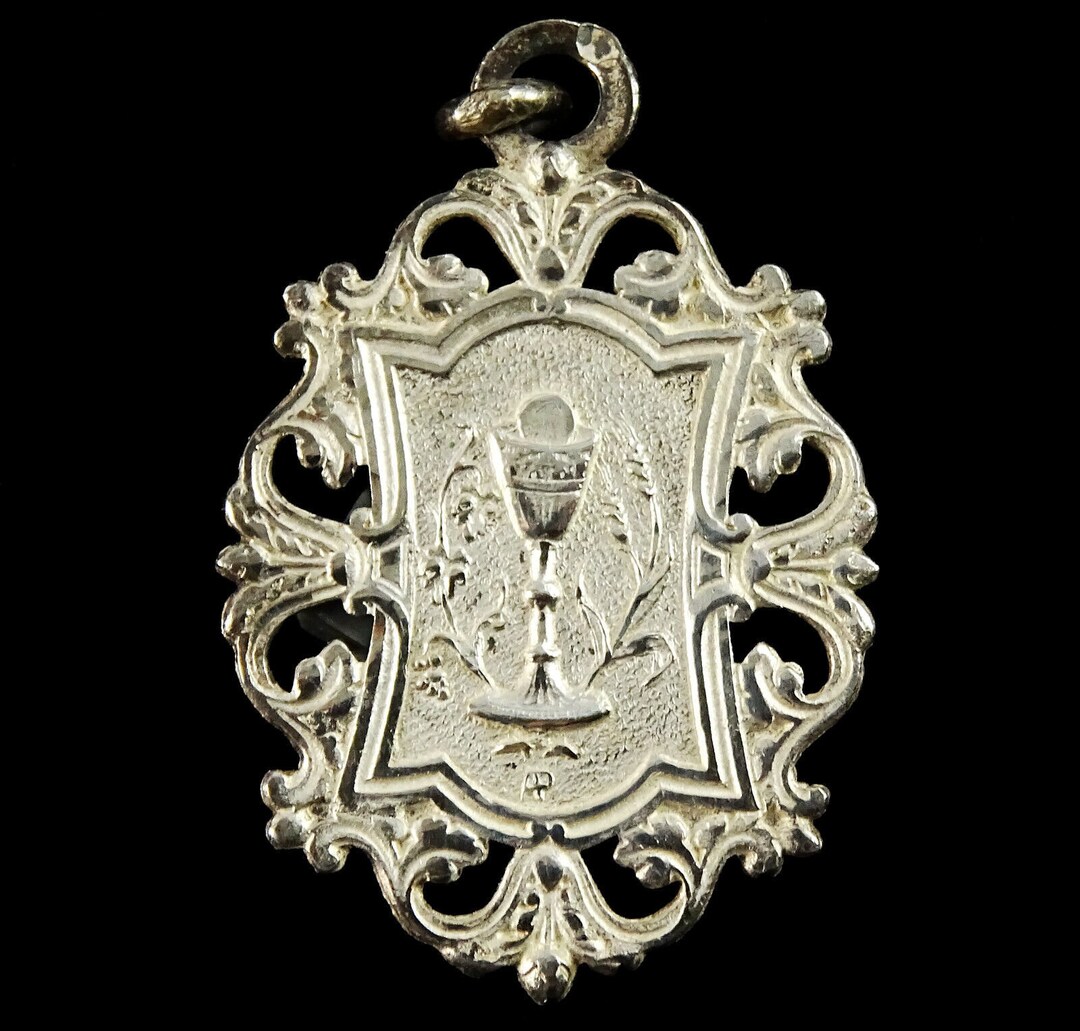 Antique First Communion Silver Medal Chalice Eucharist Pendant Art ...