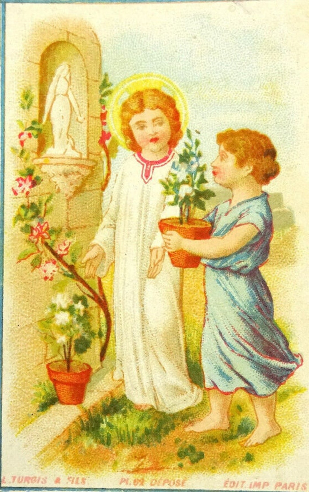Child Bringing Flowers to Virgin Mary Antique Holy Prayer Card French ...