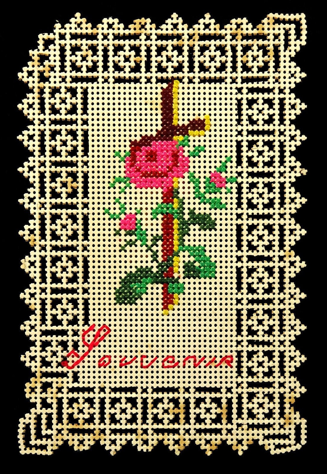 Cross With Rose Embroidered Handmade Holy Prayer Card Souvenir Antique ...