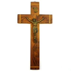 Vintage Wall Crucifix Inlaid Wood Wooden Cross Bronze Corpus INRI ...