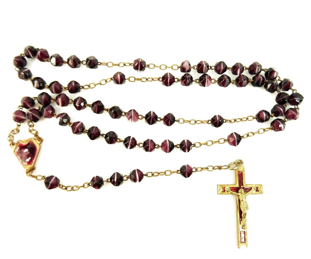 Purple Enamel Crucifix and Center Medal on Vintage Rosary Purple Beads ...