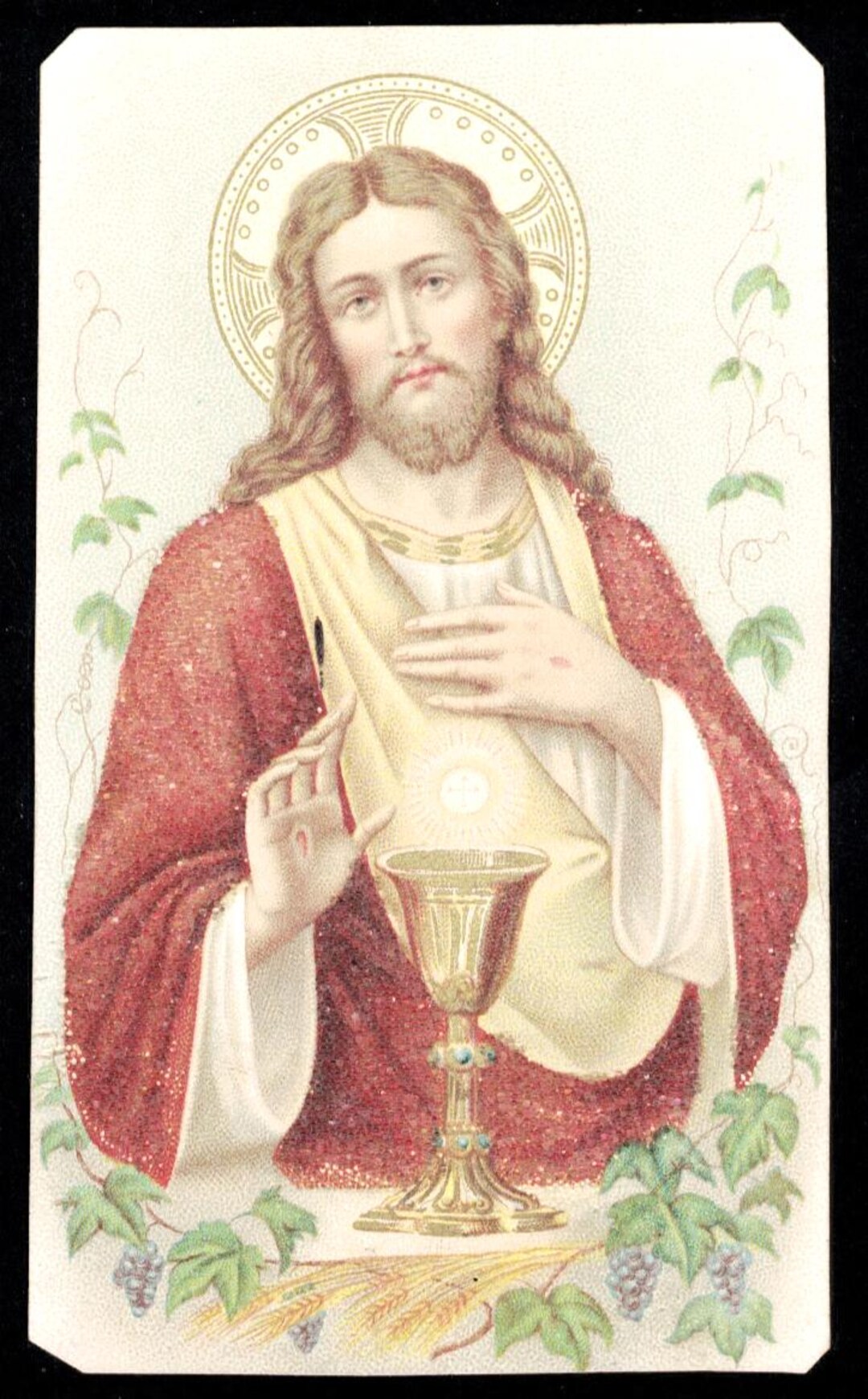 1906 Antique Jesus Holy Card Red Sparkly Textured Robe Eucharist ...