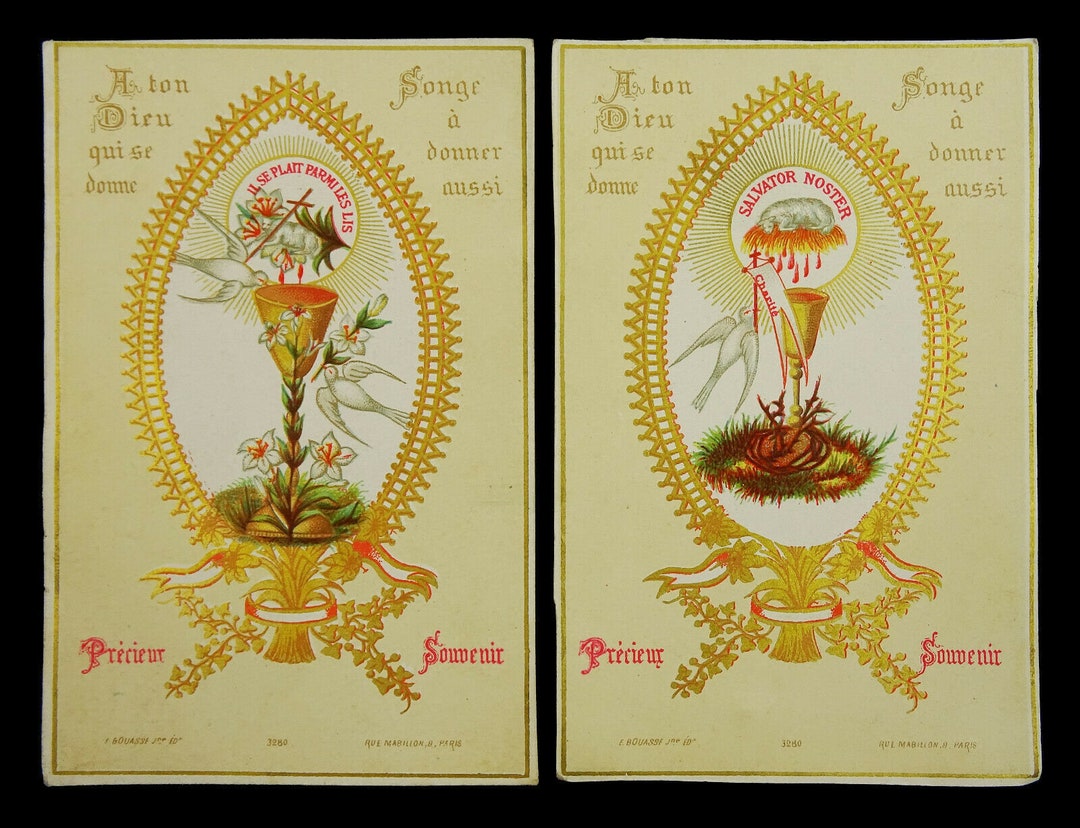 1880s Antique French Holy Prayer Cards Salvator Noster Communion ...
