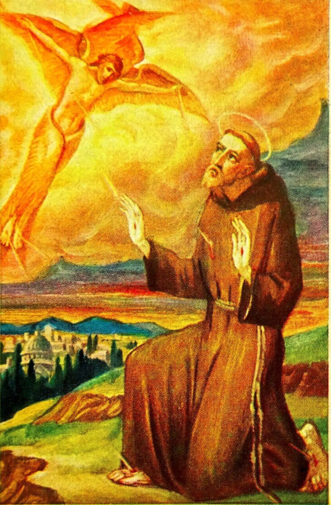 St Francis of Assisi Receiving Stigmata German Vintage Holy Prayer Card ...