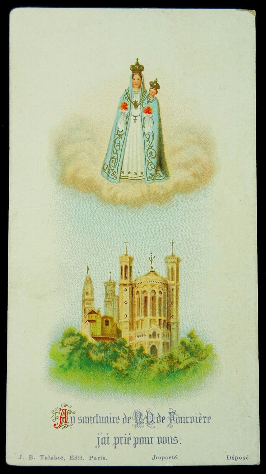 Our Lady of Fourviere French Pilgrimage Holy Prayer Card Antique Notre ...
