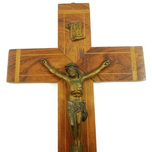 Vintage Wall Crucifix Inlaid Wood Wooden Cross Bronze Corpus INRI ...