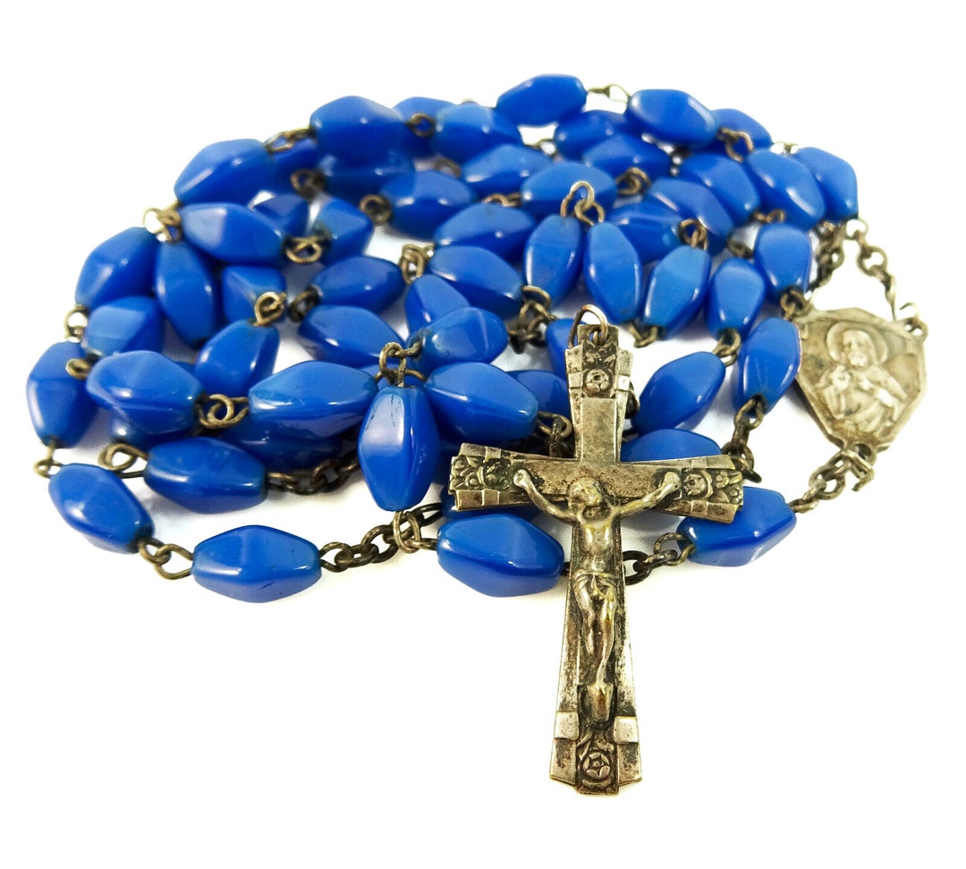 Vintage Rosary Scapular Medal Center Roses on Crucifix Smooth Blue ...