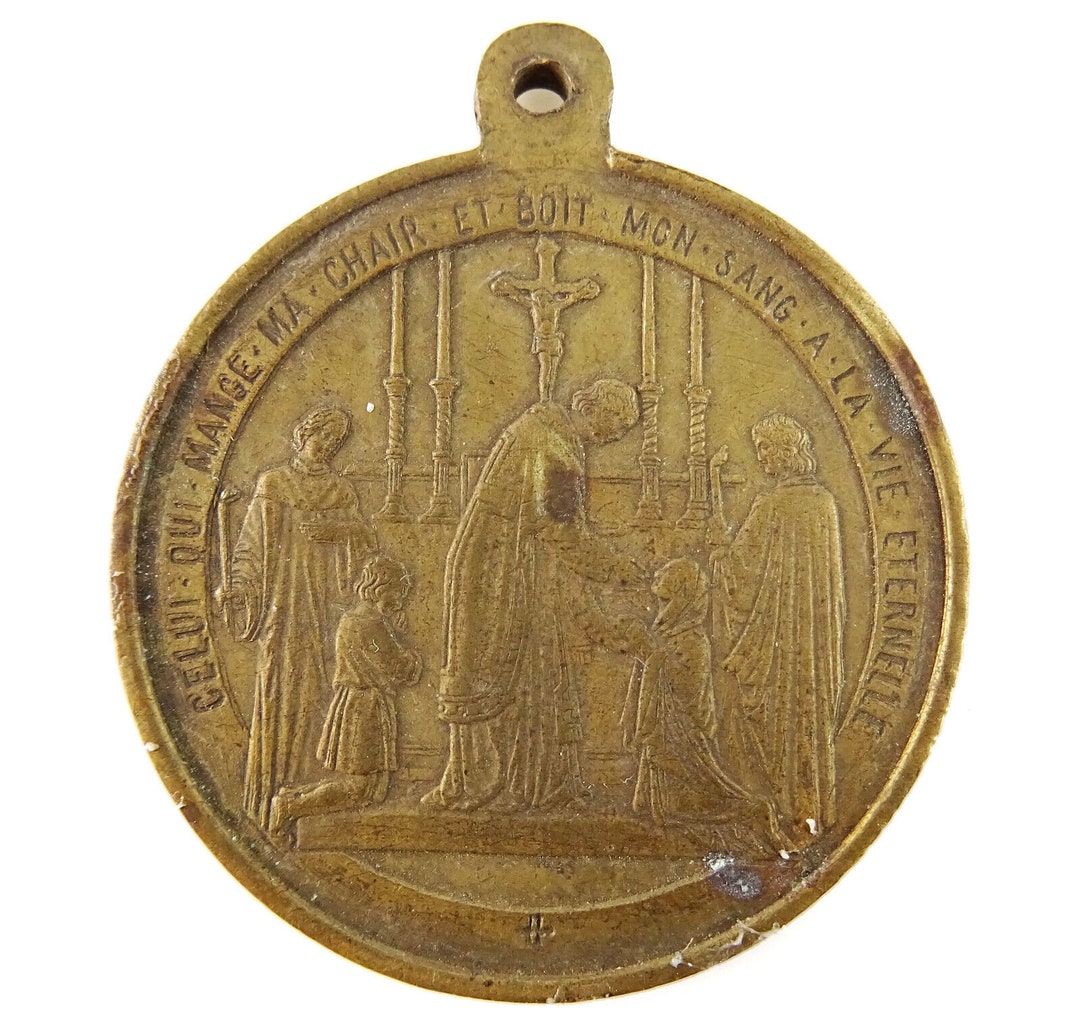 Antique French Catholic Medal First Communion Engravable Baptism ...