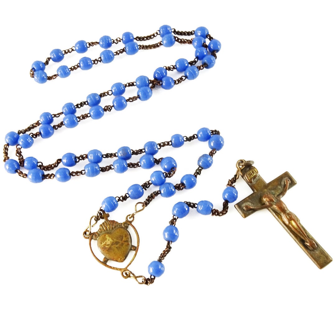 Antique Catholic Blue Rosary Old and Brittle Name Engraved Behind ...