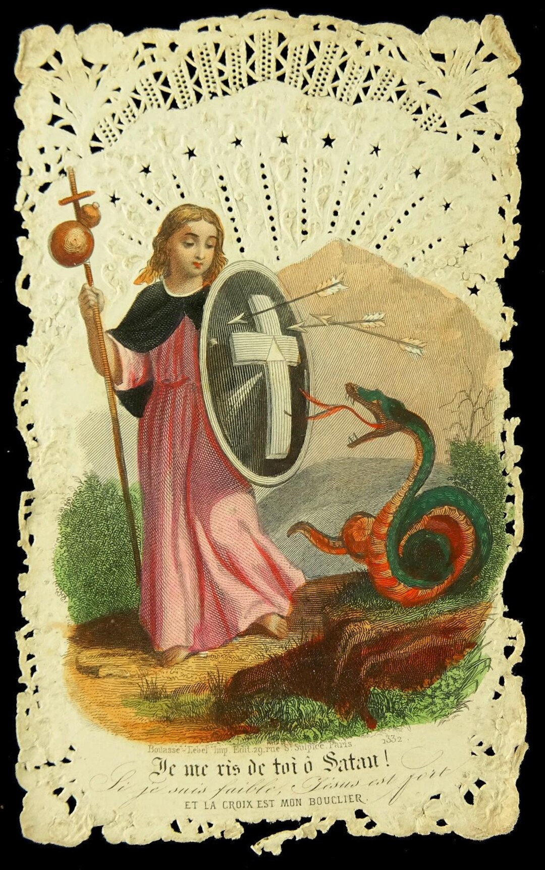 Shield Against Evil Serpent Laughing at Satan Antique Lace Holy Card ...