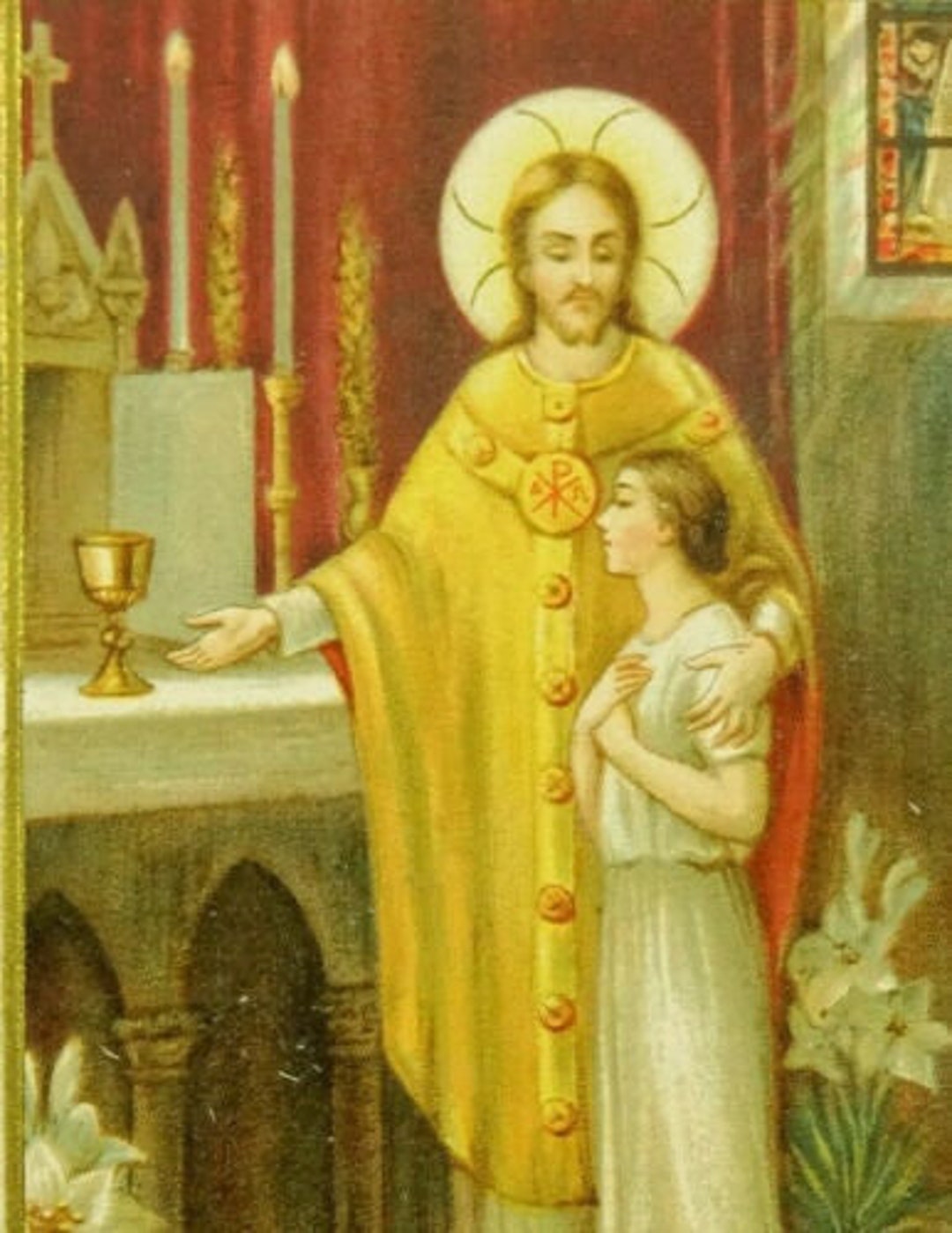 1940s Vintage Holy Prayer Card French Jesus Child Tabernacle Chalice ...