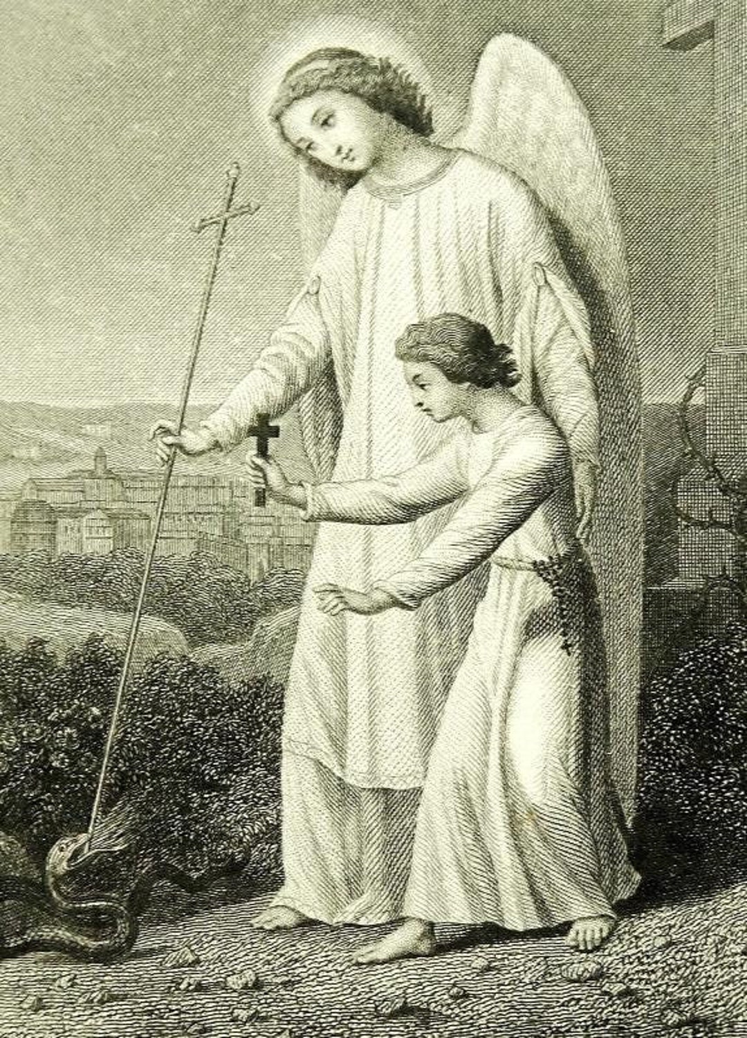 Guardian Angel Protecting Child Against Serpent Antique Lace Holy Card ...