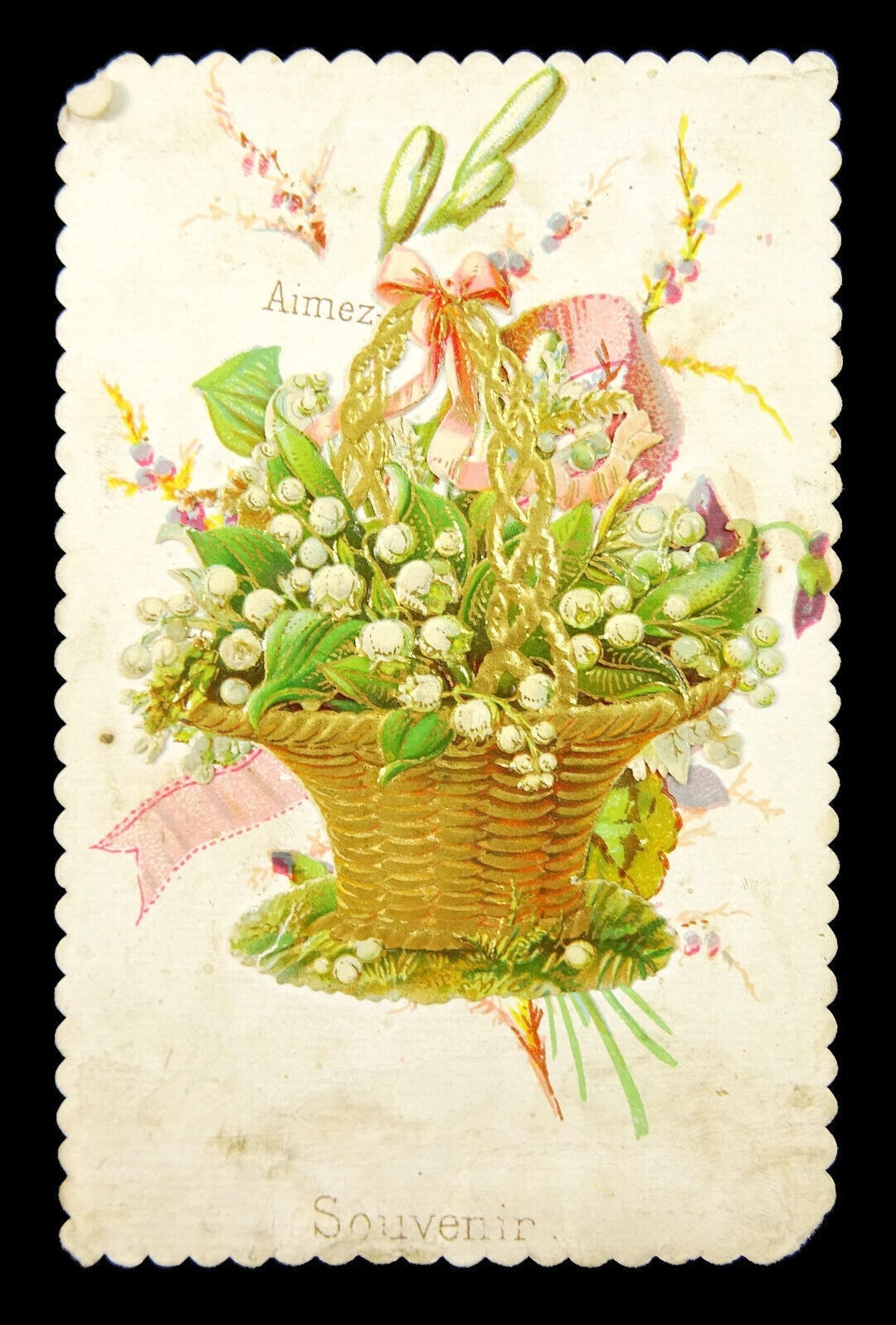 Antique French Lover's Card Souvenir Floral Collage Love Me as I Love ...