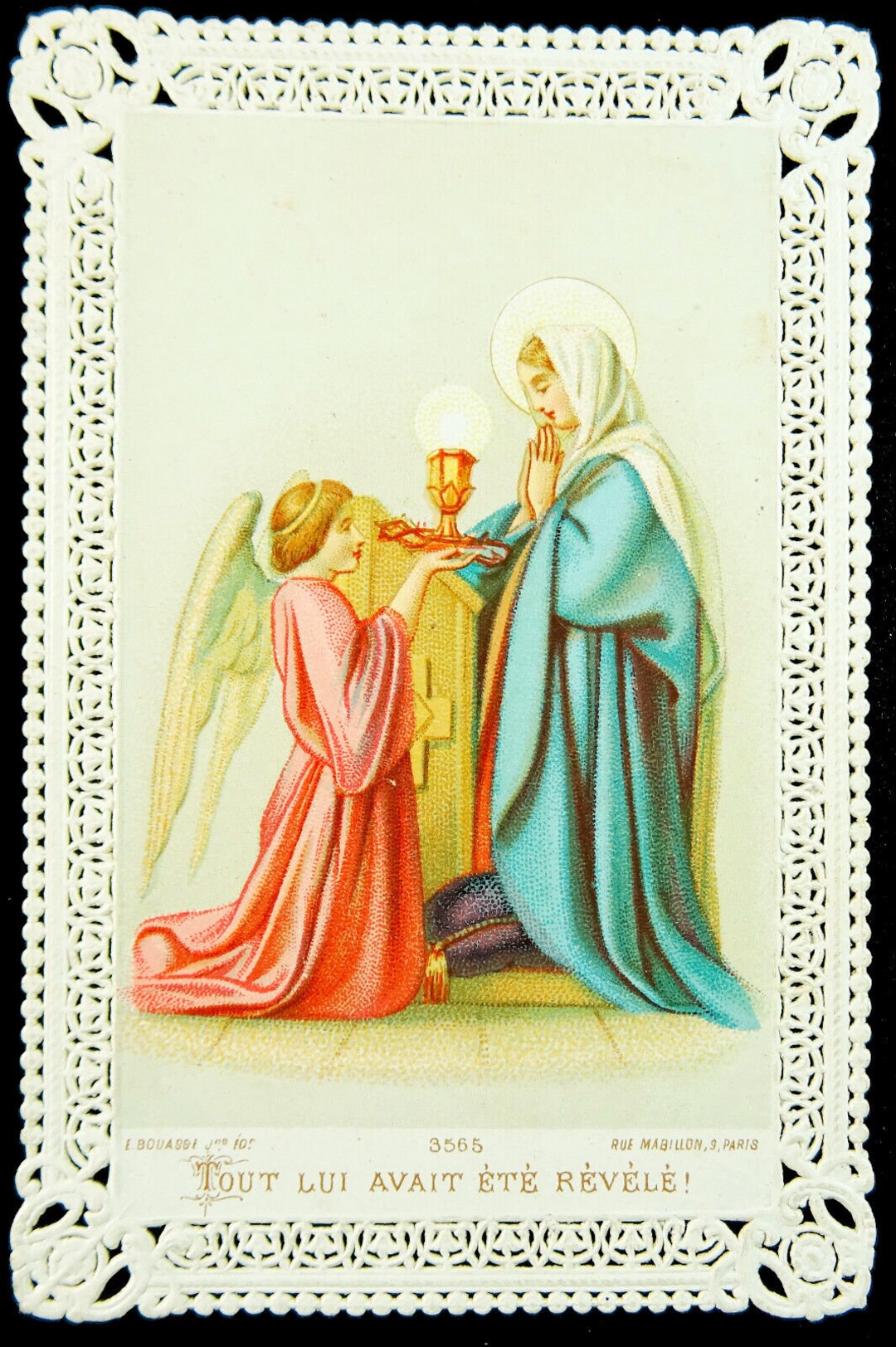 Virgin Mary W Angel and Chalice Lace Border Antique Holy Card French ...