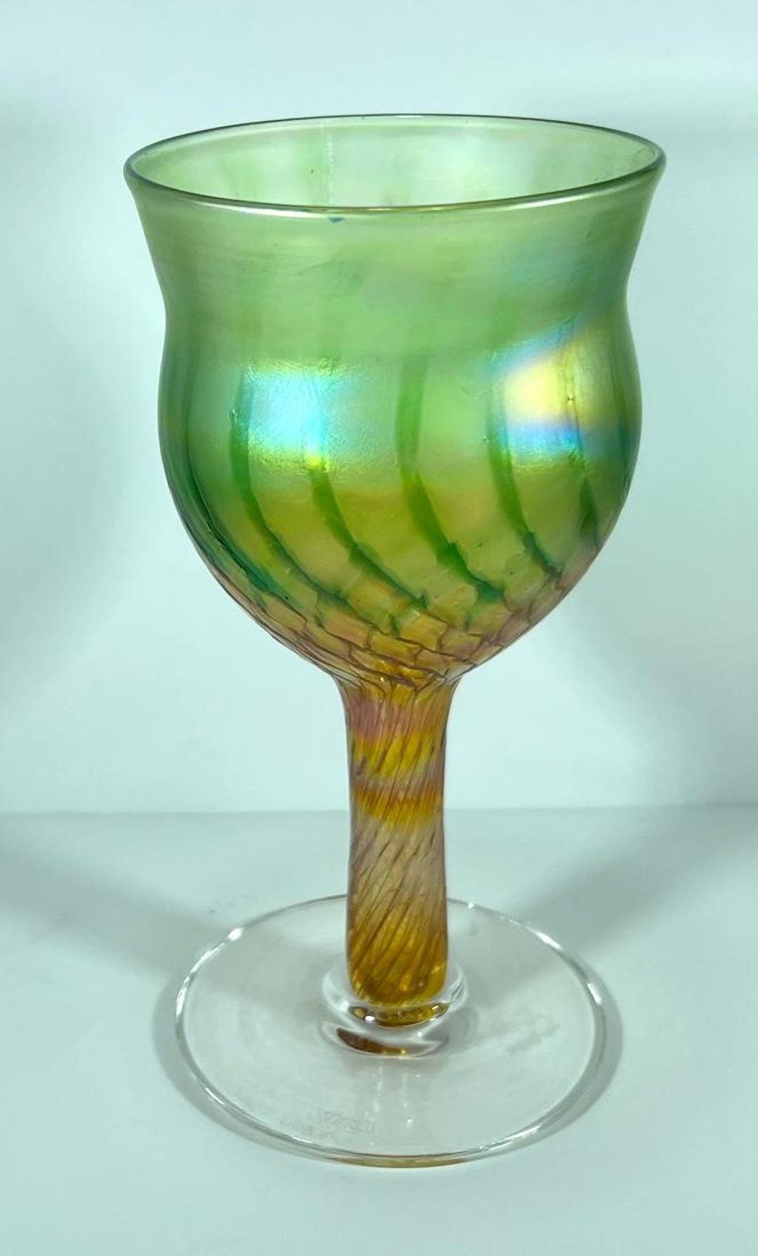 Ron Hinkle Hand Blown Art Glass Green & Gold Iridescence Stem Wine ...