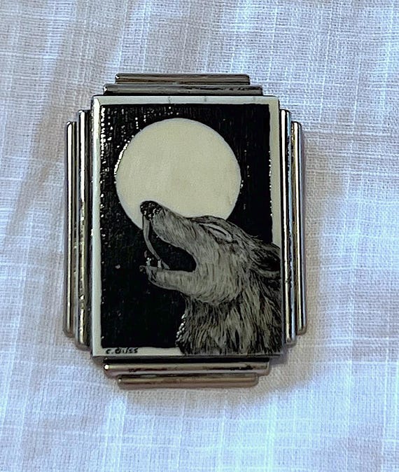 Wolf Howling at Moon Scrimshaw Pin or Pendant, Handma… - Gem