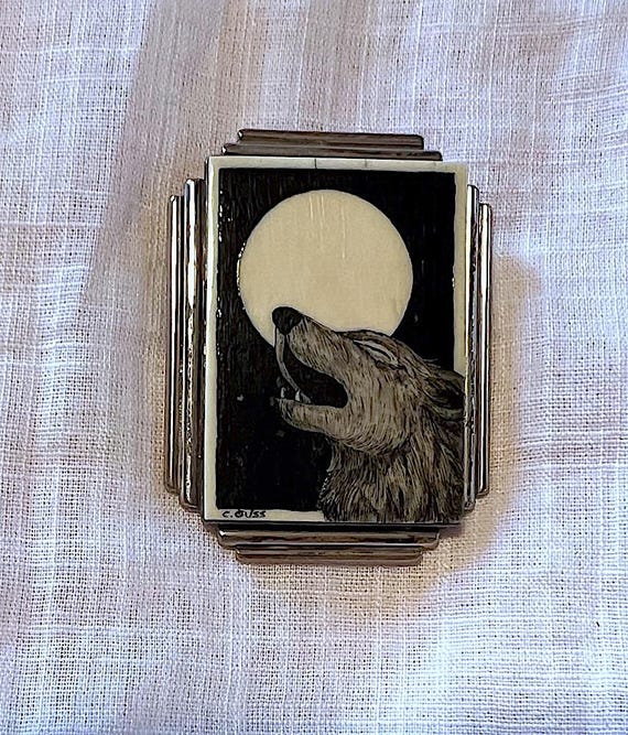 Wolf Howling at Moon Scrimshaw Pin or Pendant, Handma… - Gem