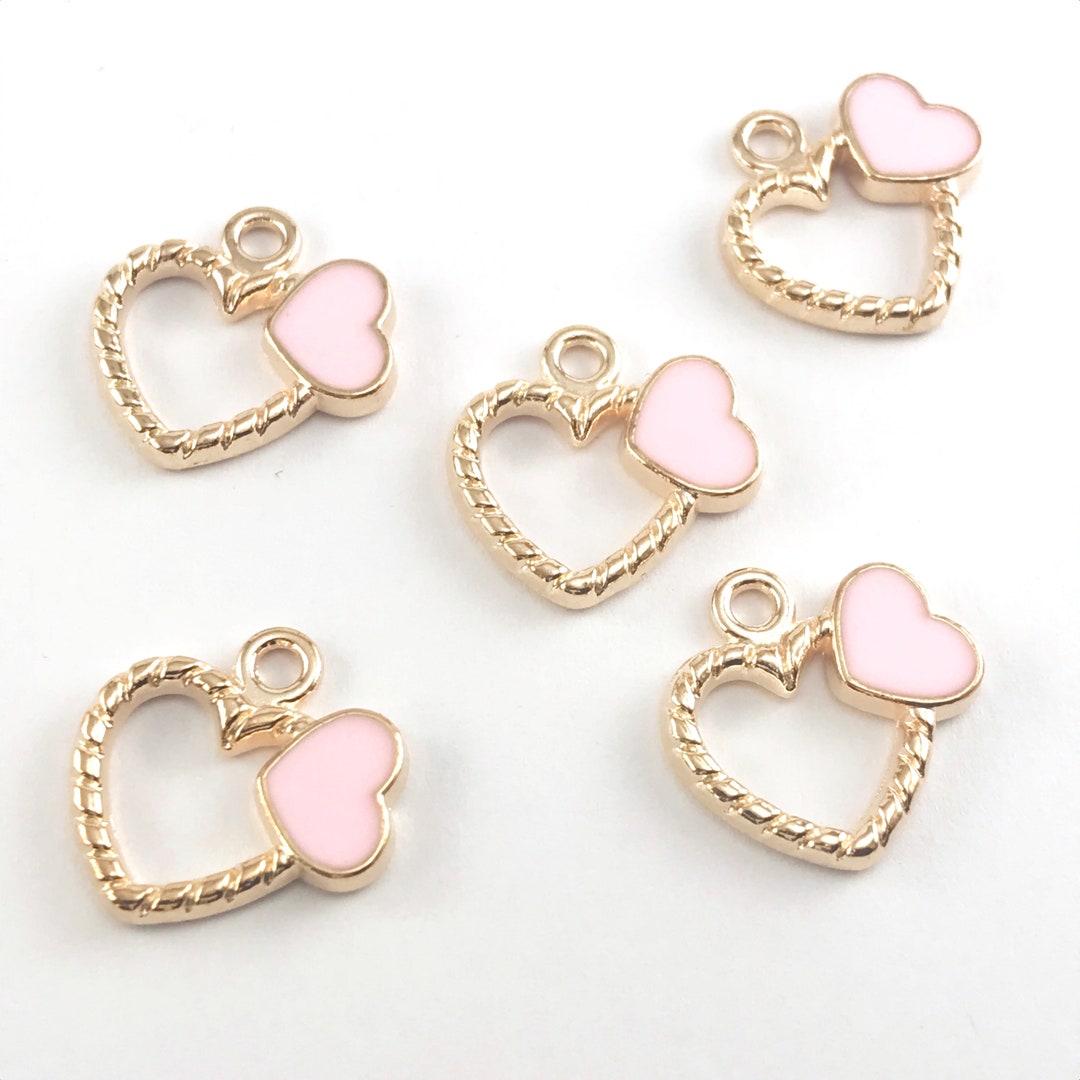 5/10pcs Enamel Pink Double Heart Charms for Jewelry Making, 18mm Bulk ...