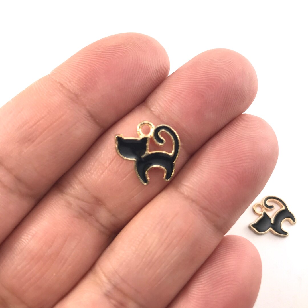 5/10pcs Enamel Black Cat Pendant Charms, 12mm Jewelry Making Pendant ...