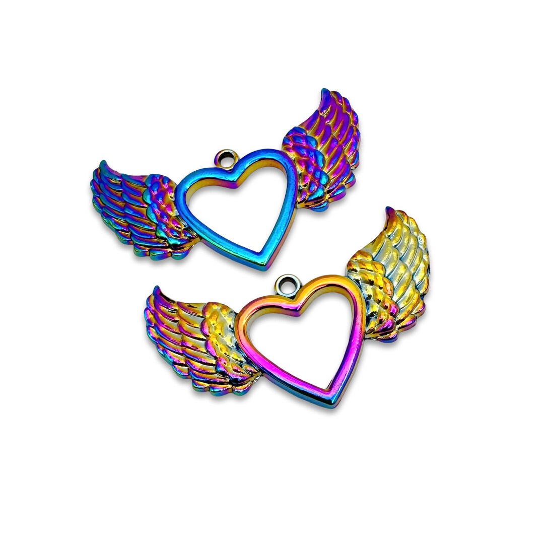 1/2pcs Large Rainbow Plated Oil Slick Heart Wings Pendants, 47mm ...