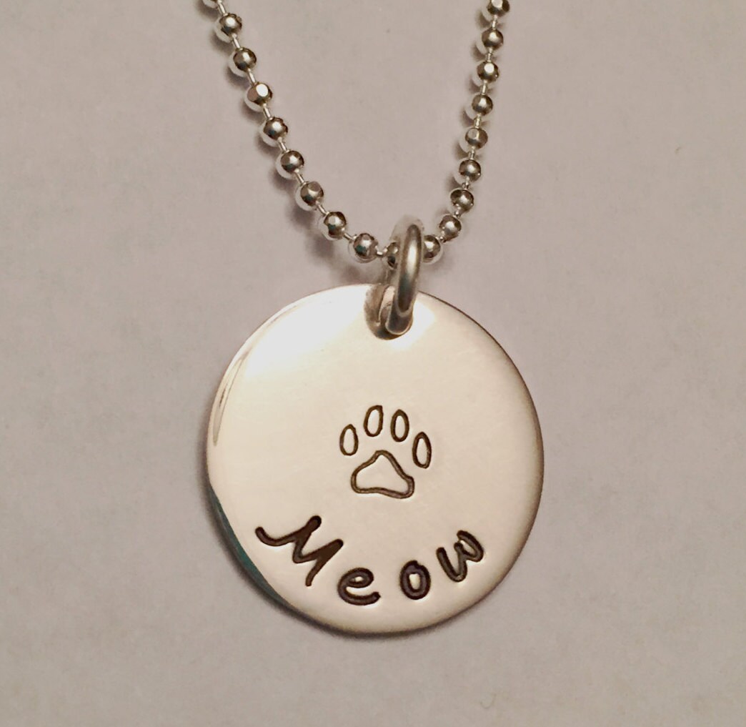 Cat Paw Print Necklace Hand Stamped meow .925 | Etsy