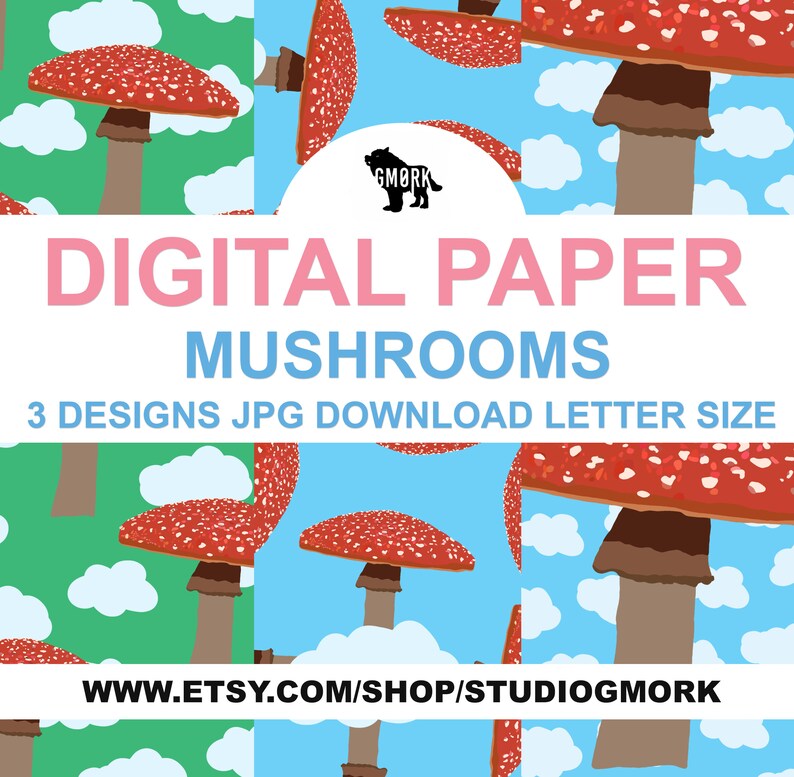 Mushrooms Printable Paper Digital. JPG Download for - Etsy