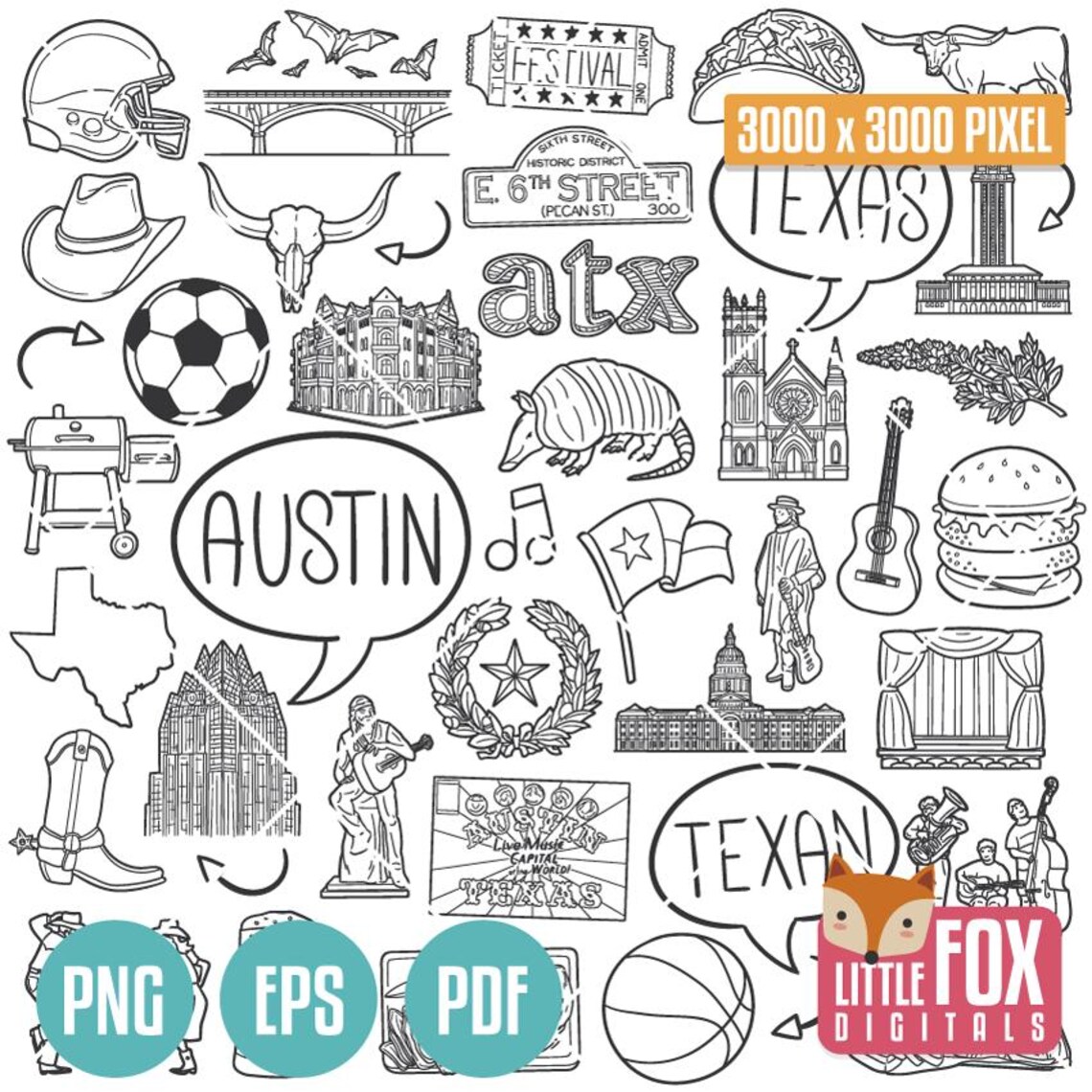AUSTIN, Texas DOODLE Icons. Travel America Tourism. Culture and Symbols ...