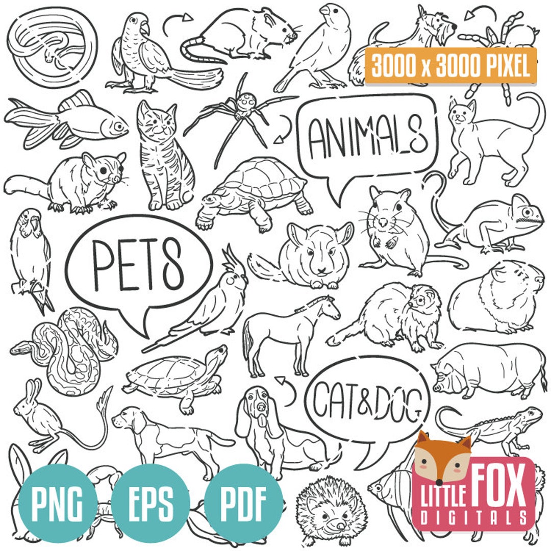 PETS DOODLE, Animal Portait Doodle Icons, Pets Clipart Scrapbook Set ...